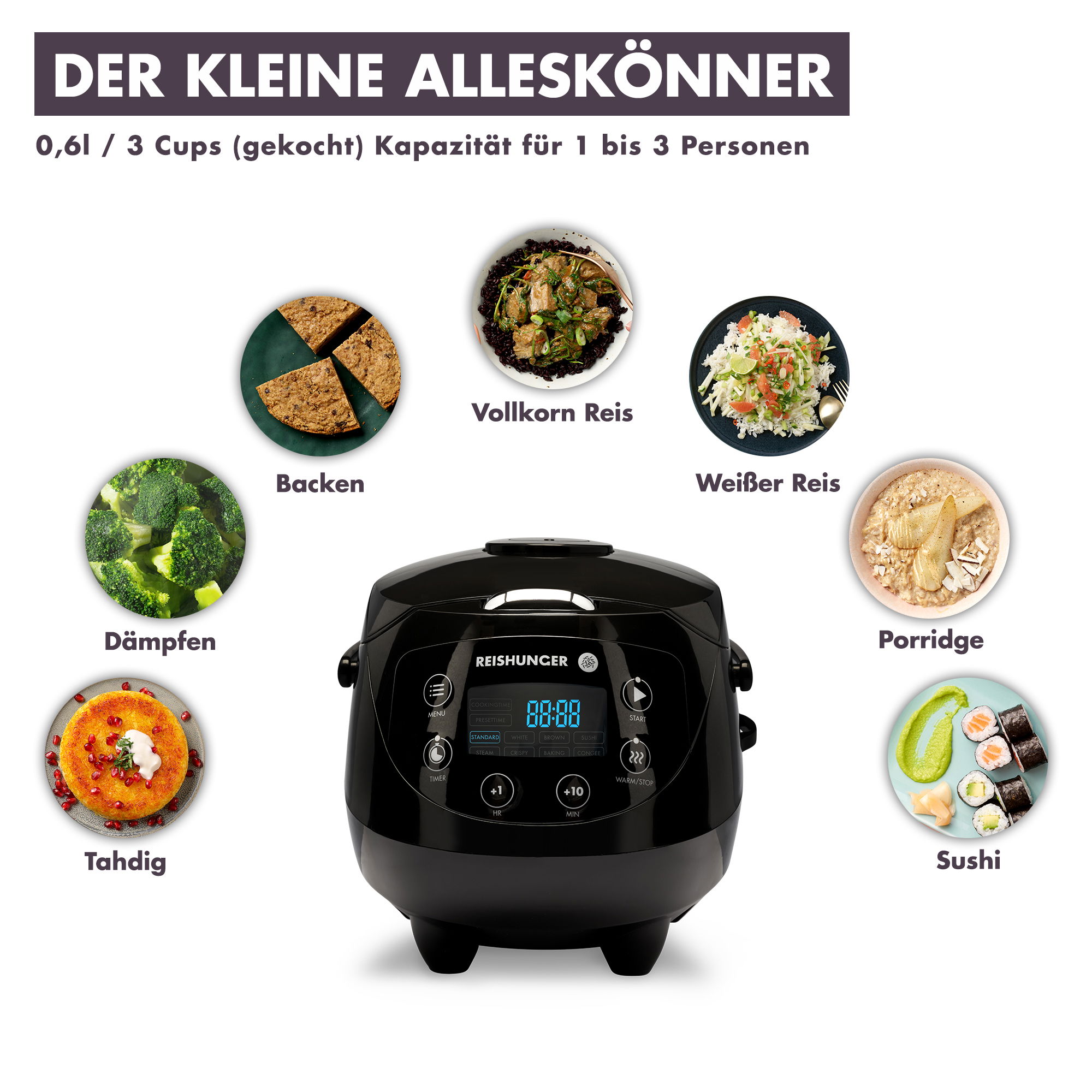 Digitaler Mini Reiskocher kaufen | 3 Portionen Reis | REISHUNGER