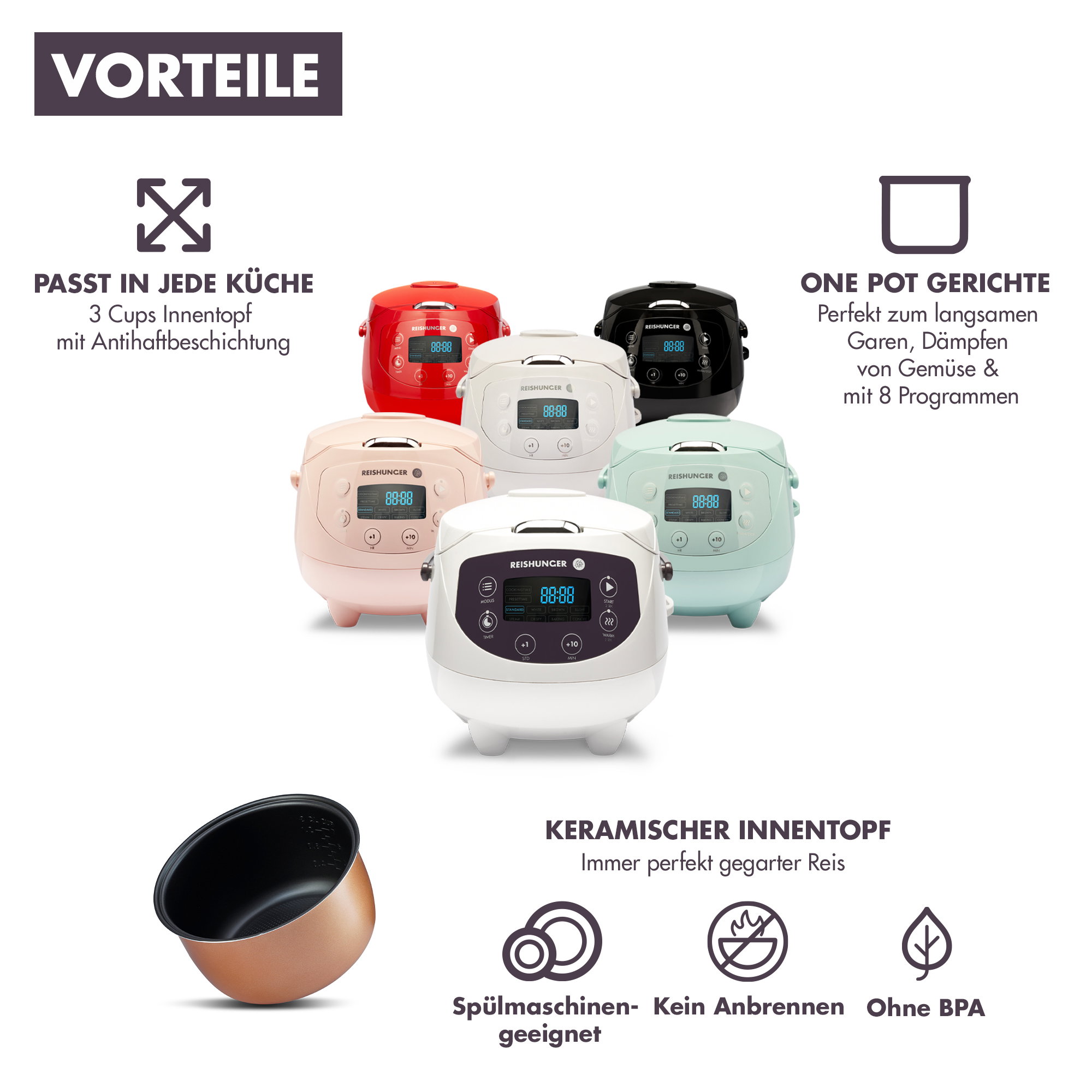 Digitaler Mini Reiskocher kaufen | 3 Portionen Reis | REISHUNGER